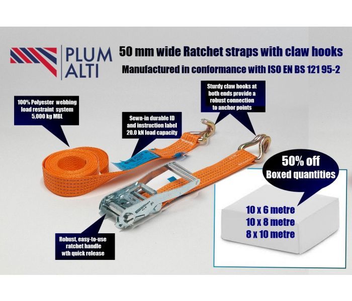 50 mm Wide Ratchet strap with claw hooks